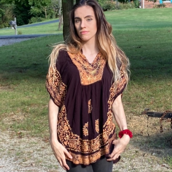 Henna | Tops | Henna Black And Gold Brown Boho Indian Top | Poshmark